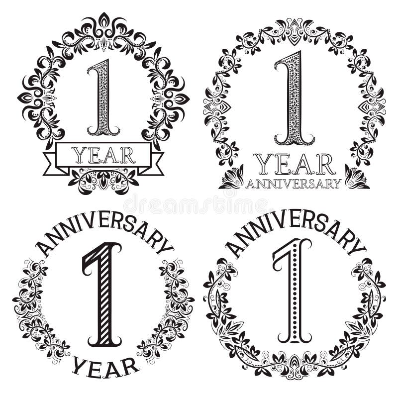 First Anniversary Emblems Set. Patterned Celebration Signs in Vintage ...