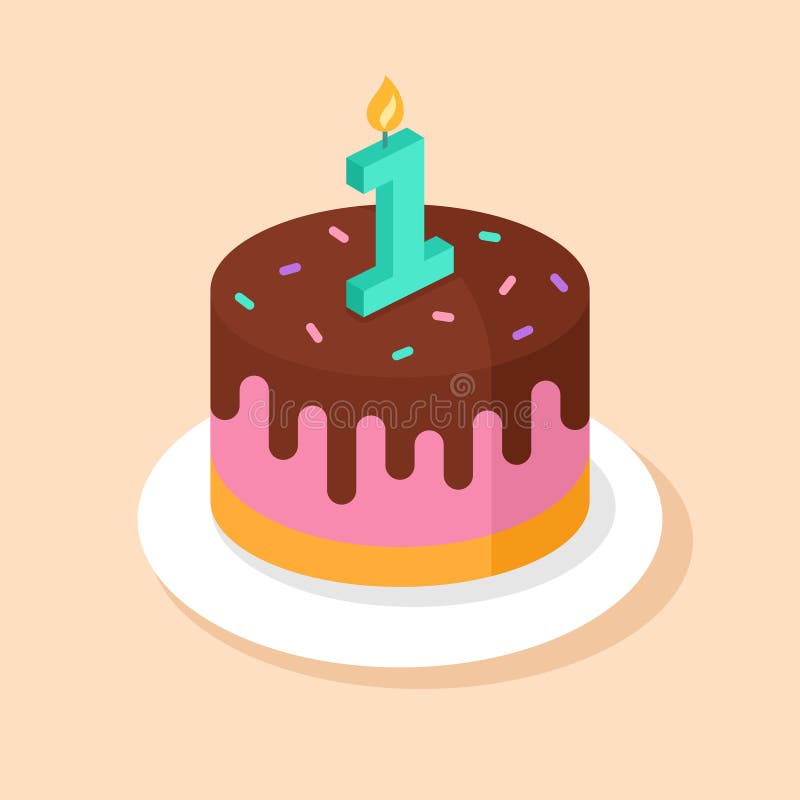 First Birthday Cake. Vector Illustration with Festive Cake and Candle ...