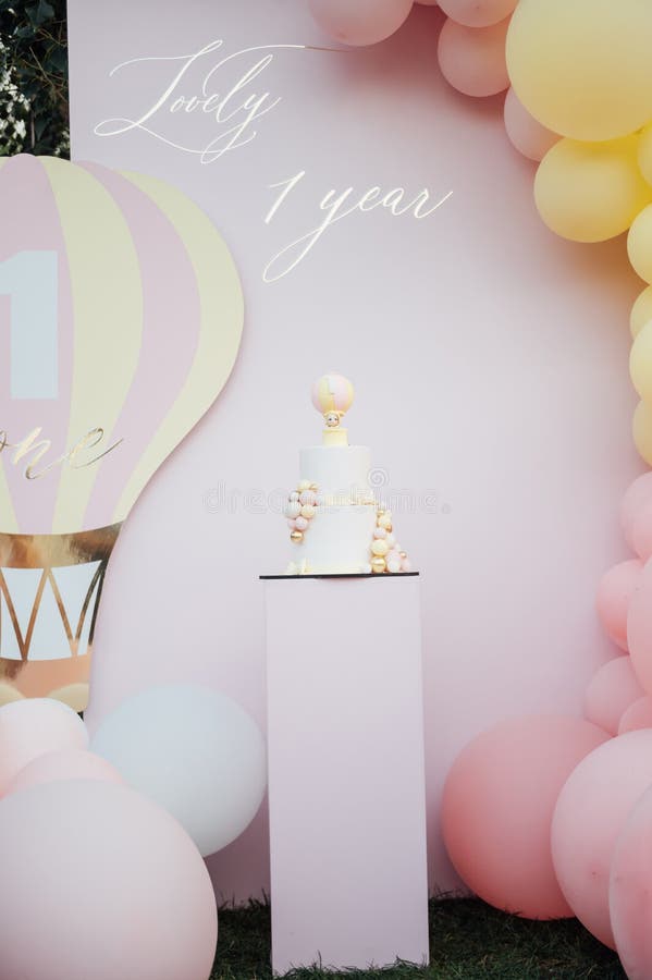 First Birthday Pink Cake with Decorations for Cake Smash Stock Image ...