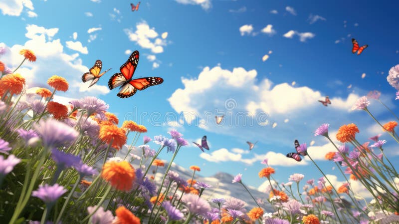 The First Butterflies Fluttering Over a Clearing with Spring Flowers ...