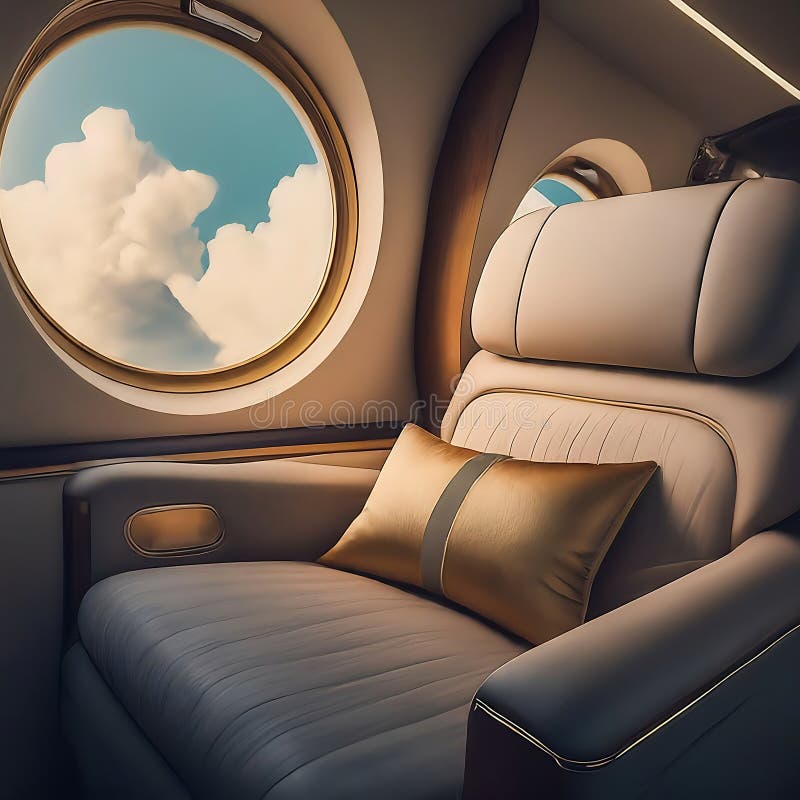 A First Class Airplane Seat with Blue Sky Window View Stock ...