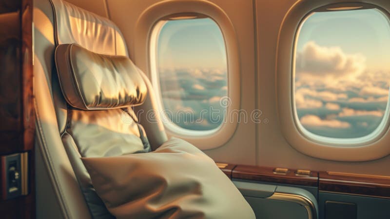 First Class Airplane Seat with a View of Clouds at Sunset, Luxury ...