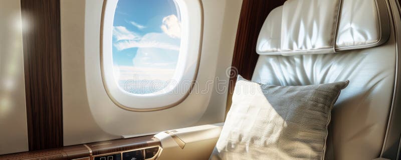 First Class Airplane Seat with Window View and Sunlight Stock Image ...