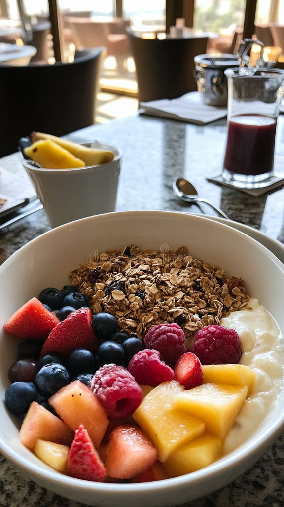 First-class Breakfast with Fruit, Yogurt, Granola. Stock Photo - Image ...