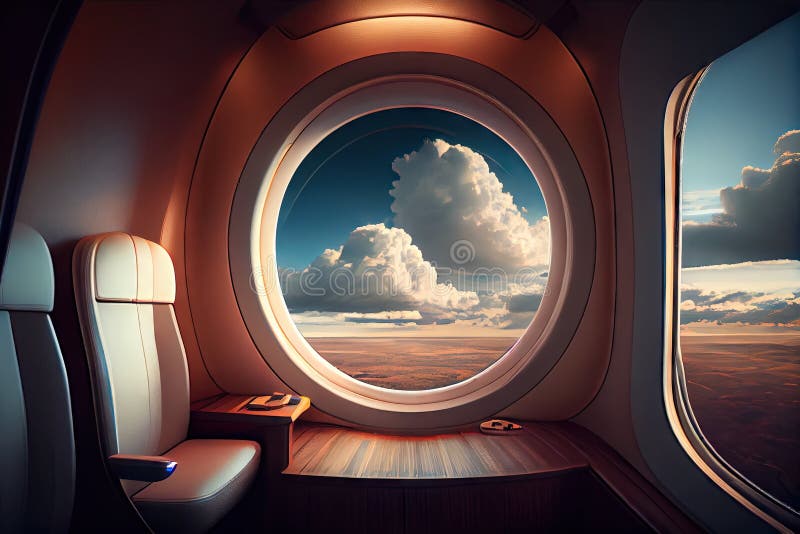 First-class Cabin during Takeoff, with View of the Runway and Clouds ...