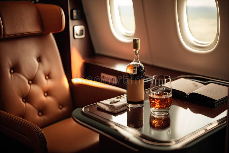 First Class Seat with Glass of Whiskey. Fly with Class Stock ...