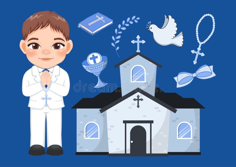 First Communion for Boy and Elements Vector Stock Vector - Illustration of character, church ...