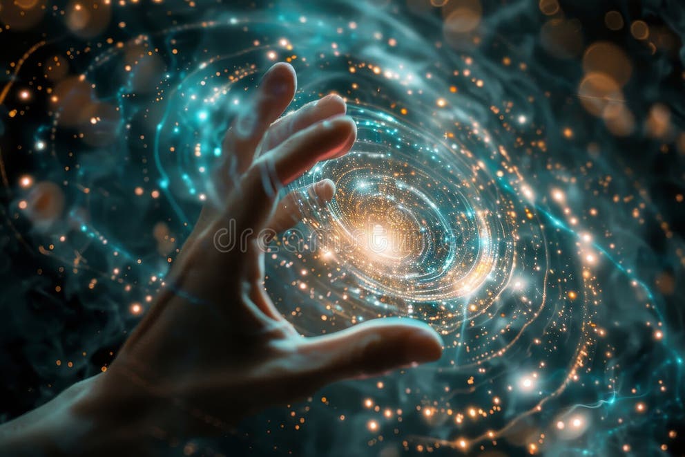 First Contact. Hand Touching Spinning Vortex of Light Particles ...
