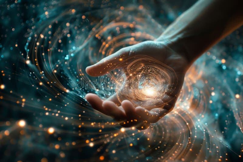 The First Contact. Hand Touching Spinning Vortex of Light Particles ...