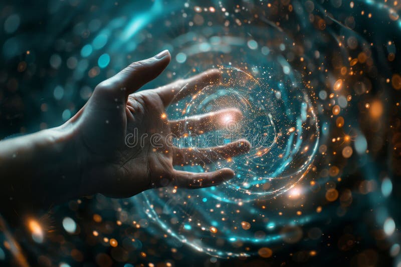 First Contact. Hand Touching Spinning Vortex of Light Particles ...