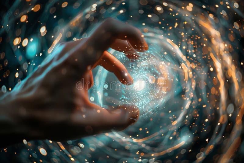First Contact. Hand Touching Spinning Vortex of Light Particles ...
