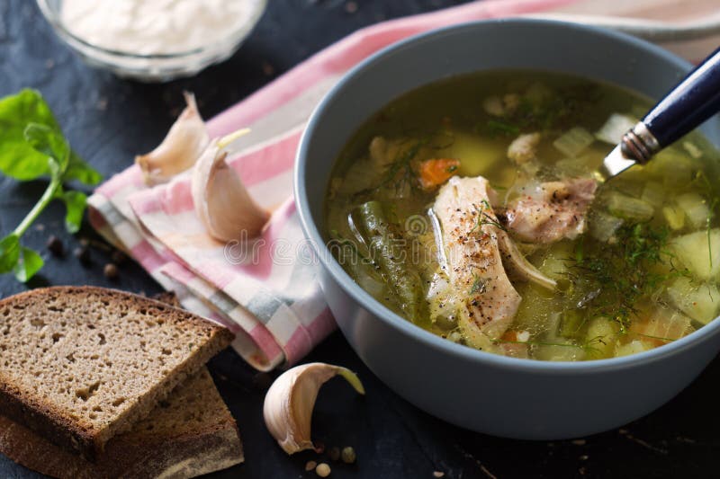 First Course. Chicken Soup and Sour Cream Stock Image - Image of ...