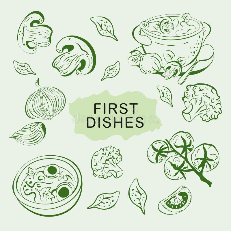 First Courses Vector Hand Drawing Illustration Soup Cherry Tomatoes ...