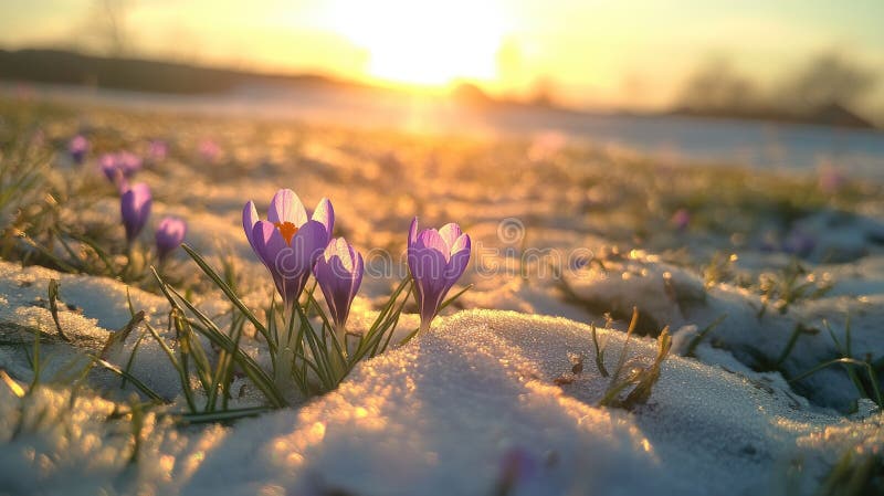 First Crocus Flowers in the Snow at Sunrise. Spring is Coming Stock ...