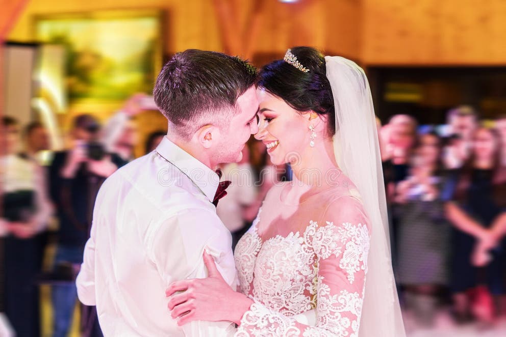 First Dance of Pretty Wedding Couple Stock Photo - Image of dress ...