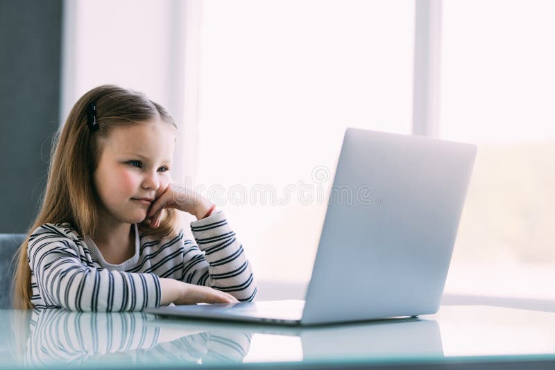 First Day at Online School. Cute Little Girl Children Using Laptop ...