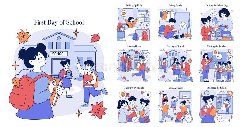 First Day of School Activities Stock Vector - Illustration of school ...