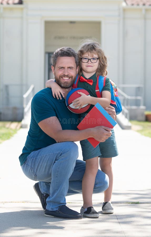 First Day at School of Child Boy Hugging Father, School Stock Image ...