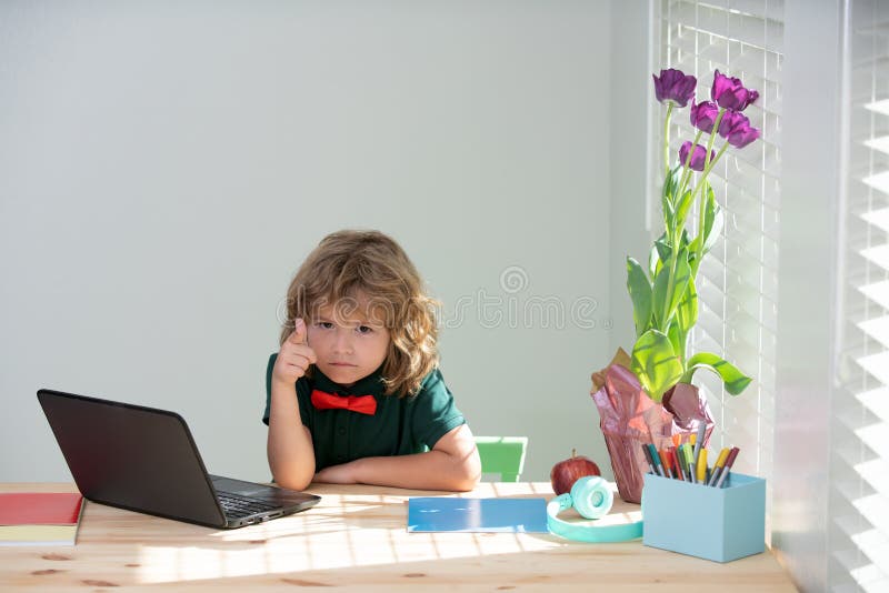 First Day at School. Cute Little Children Using Laptop Computer ...