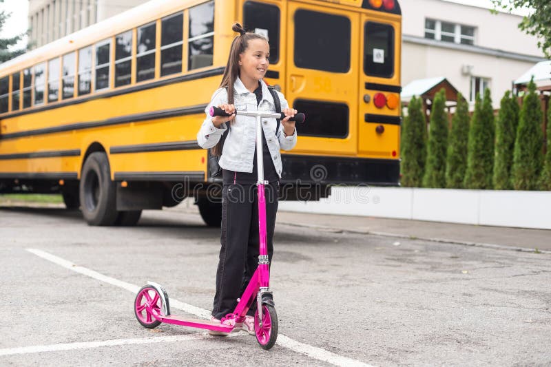 First Day of School. Happy Child Girl Elementary School Student Runs To ...