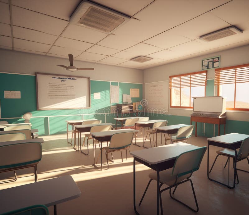 Bright School Room with White Desks, Chairs and Blackboard. Stock Image ...
