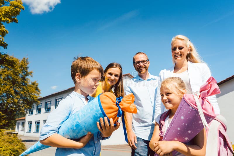 First Day in School for Two Students Being with the Family Stock Image ...