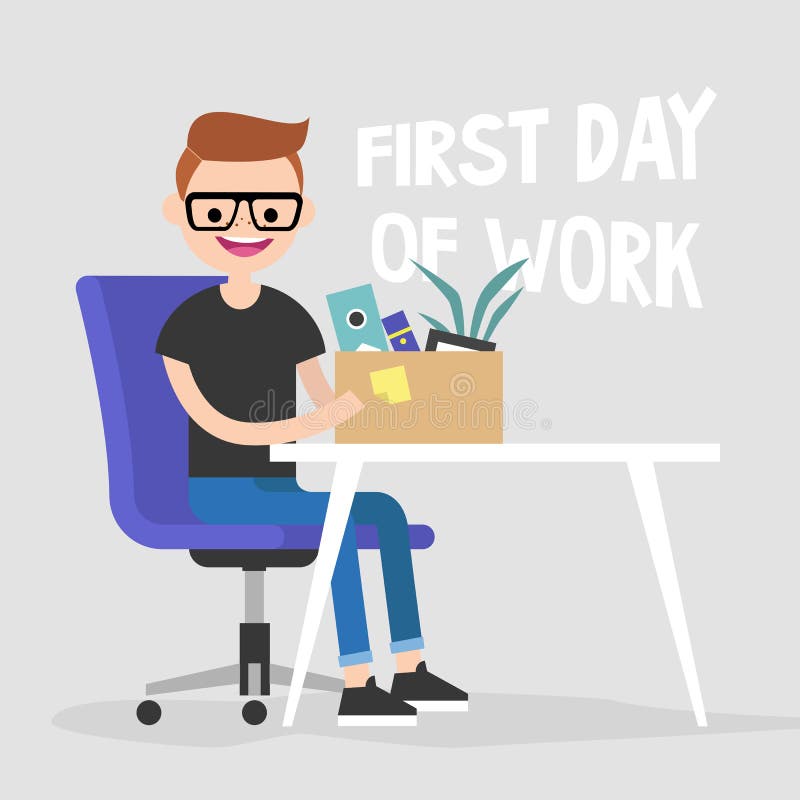 First Day of Work. Young Black Character Holding a Box Stock ...