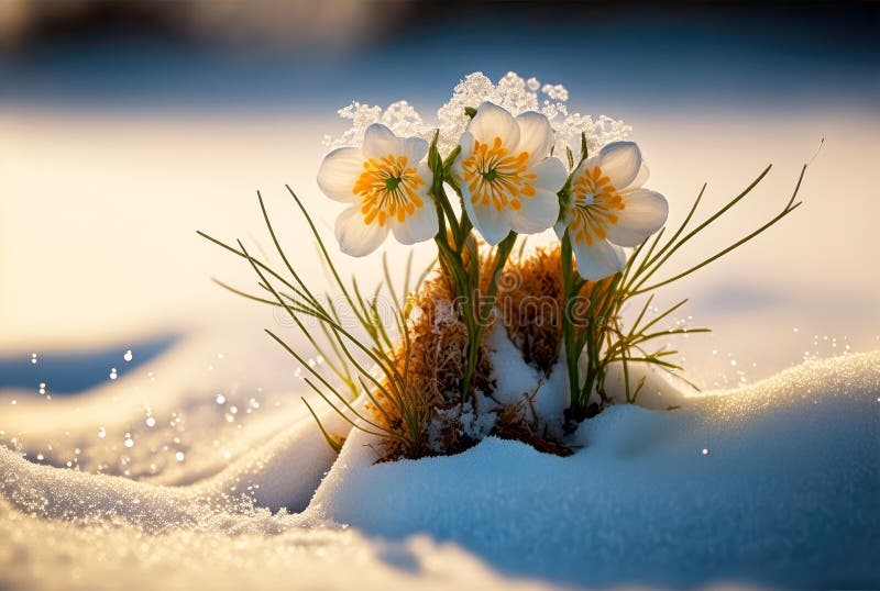 First Flower, Snowdrops Growing from Snow, Spring Begins. Generative AI ...