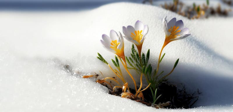 First Flower, Snowdrops Growing from Snow, Spring Begins. Generative AI ...