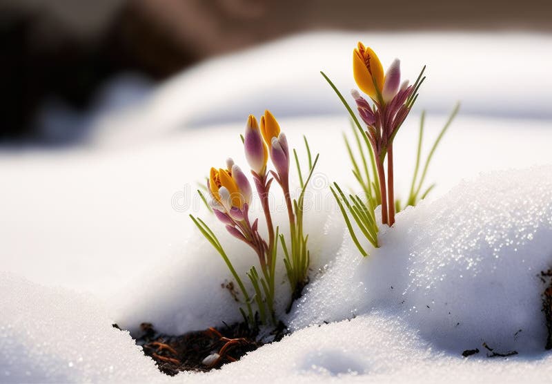 First Flower, Snowdrops Growing from Snow, Spring Begins. Generative AI ...