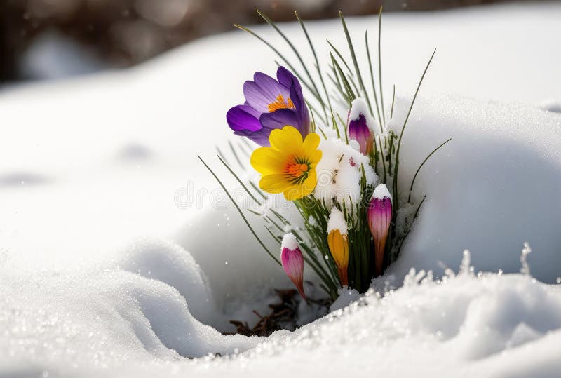 First Flower, Snowdrops Growing from Snow, Spring Begins. Generative AI ...