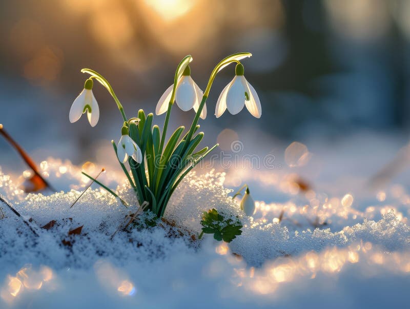 First Flowers. Beautiful White Snowdrops in the First Rays of the Sun ...