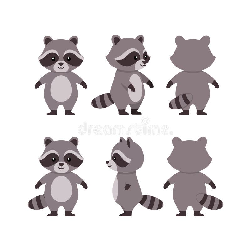 Cute Raccoon Character Design in Flat Style Showcasing Different Poses ...