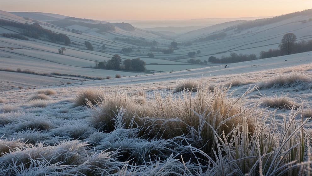 First Frost Glitters on Windblown Grass in Open Valley at Dawn Stock ...