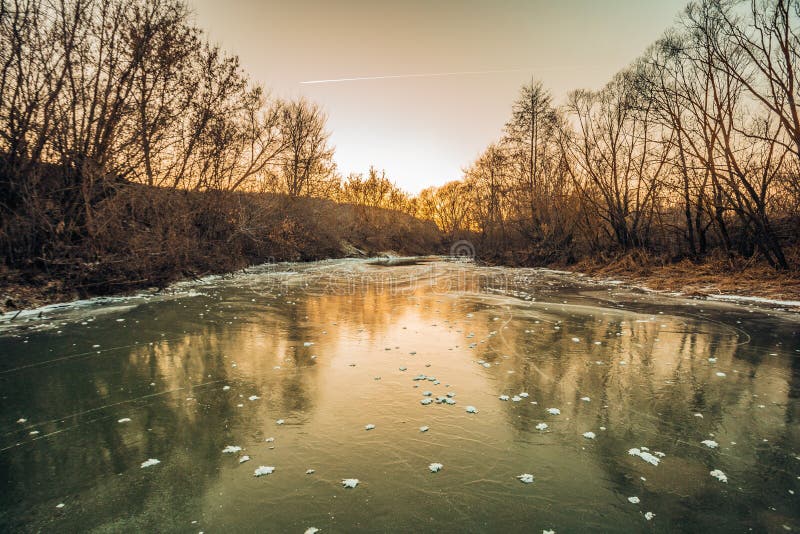 The First Frosts and the Frozen River Stock Photo - Image of weather ...