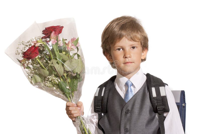 The First-grader with a Bouquet Stock Image - Image of youth, white ...