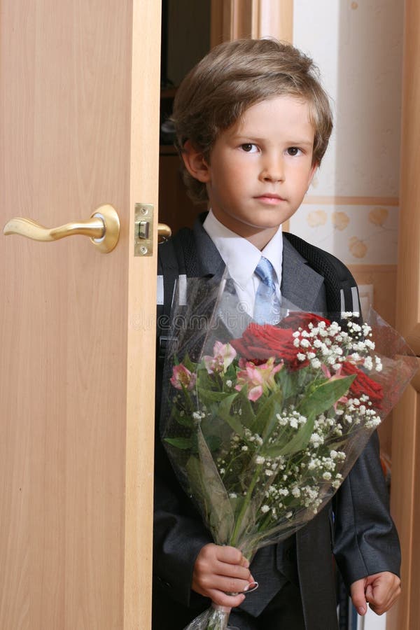 The First-grader with a Bouquet Stock Photo - Image of person, uniform ...