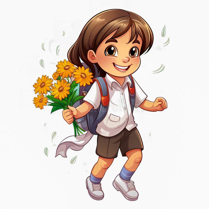 First Grader with a Bouquet of Flowers in Her Hands. Generative AI ...