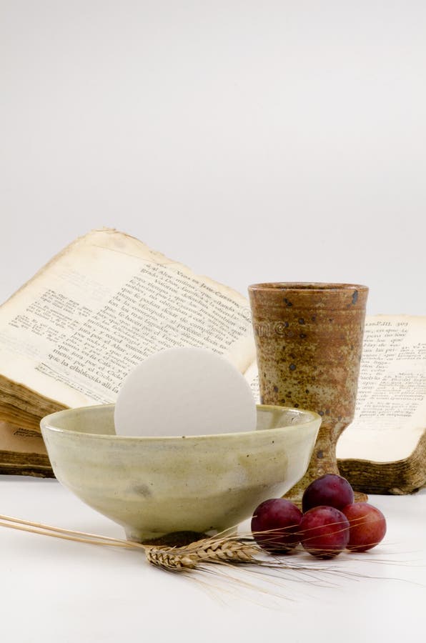 Holy Communion, a Cup of Wine and Bread with a Jesus Crown Thorn and ...