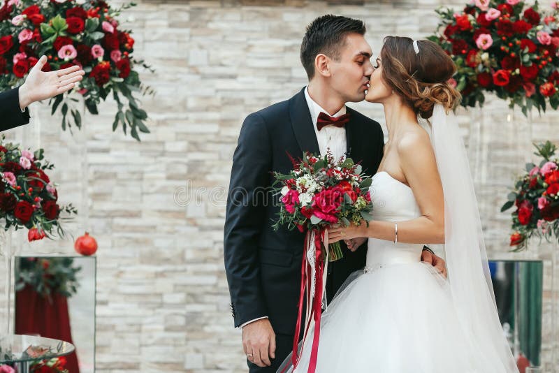 First Kiss of Just Married after the Ceremony Stock Image - Image of ...