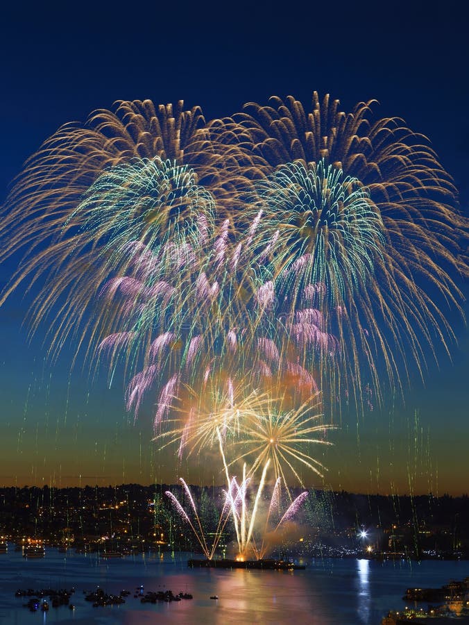First Launch of Colorful Fireworks Right at Sunset Stock Image - Image ...