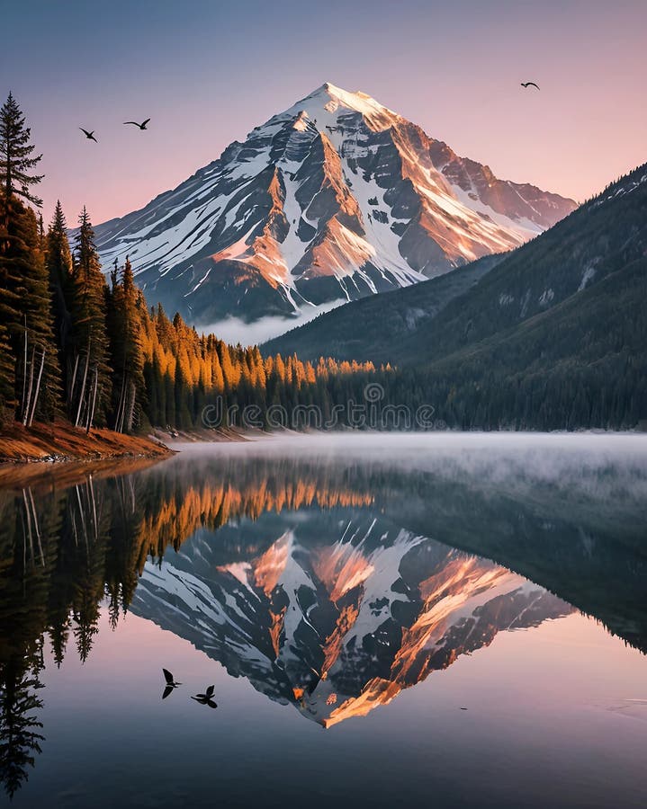 The First Light of Dawn Illuminating a Mountain and Its Reflection ...
