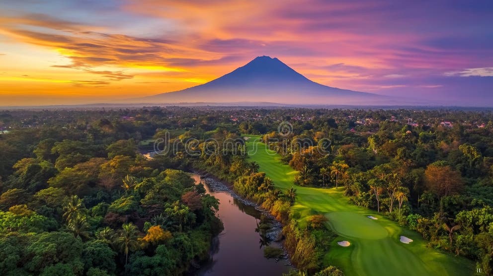 The First Light of Day Illuminates a Tropical Golf Course, Set Against ...
