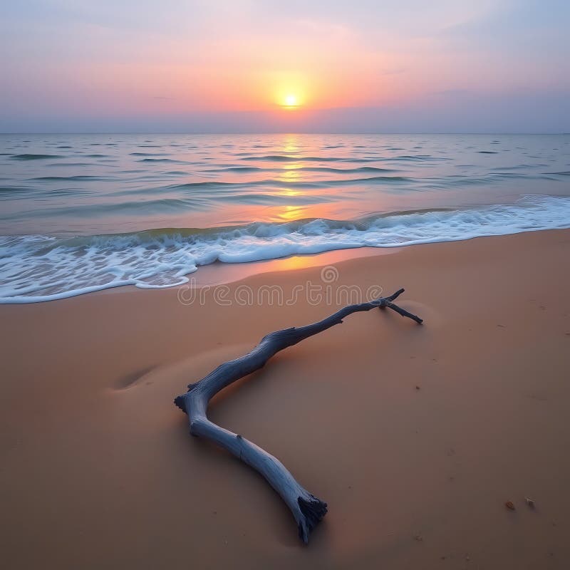 First Light Over Sandy Beach with Driftwood Stock Illustration ...