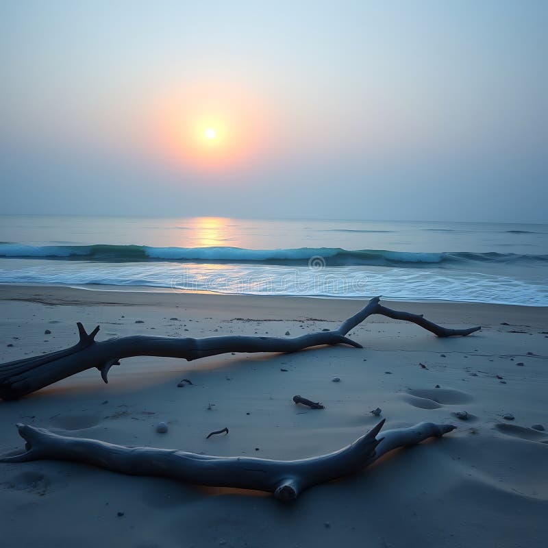 First Light Over Sandy Beach with Driftwood Stock Illustration ...