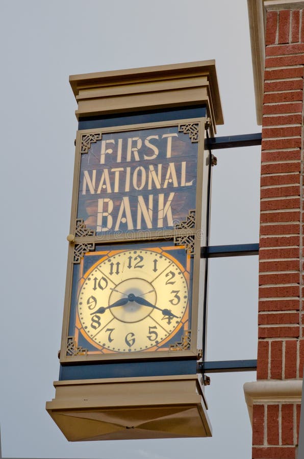 First National Bank Time editorial stock photo. Image of finance - 65863328