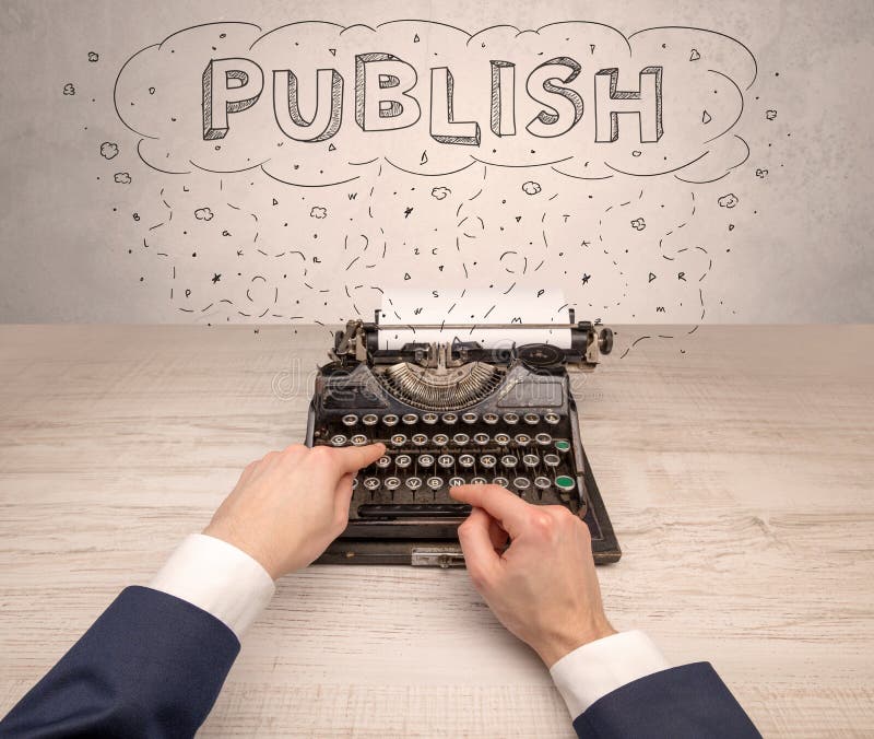 First Person Perspective Hand and Typewriter with Cloud Message Concept ...