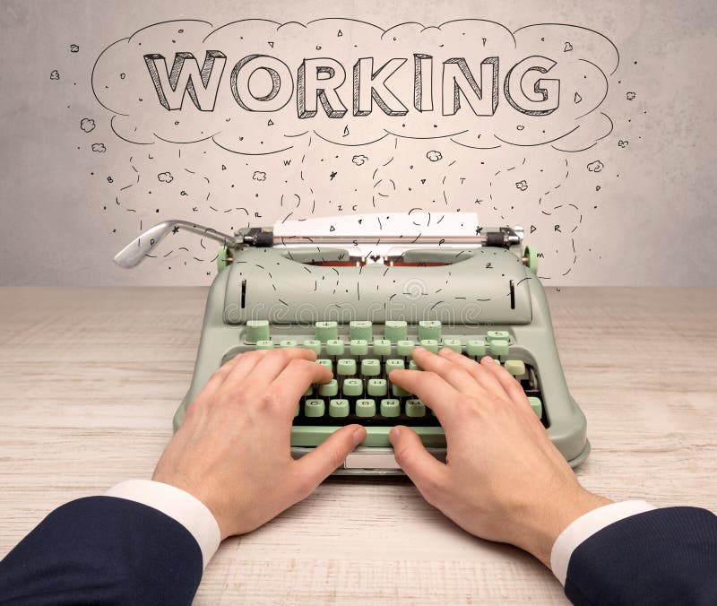 First Person Perspective Hand and Typewriter with Cloud Message Concept ...
