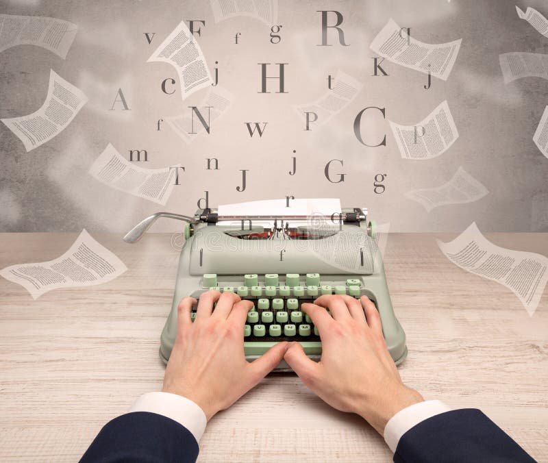 Hand Typewriting With Flying Documents Around Stock Photo - Image of ...