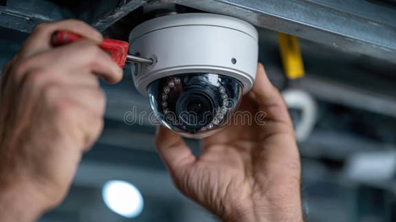 First-Person View of Adjusting Dome CCTV Camera with Tools on Indoor ...